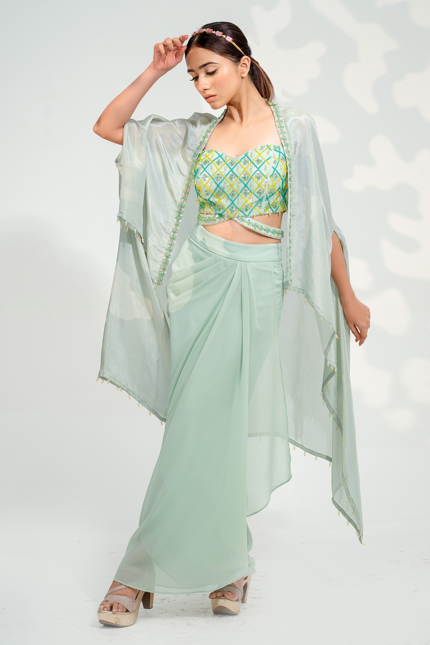 Buy Tamaraa By Tahani Green Georgette Crystal Embroidered Blouse Dhoti ...