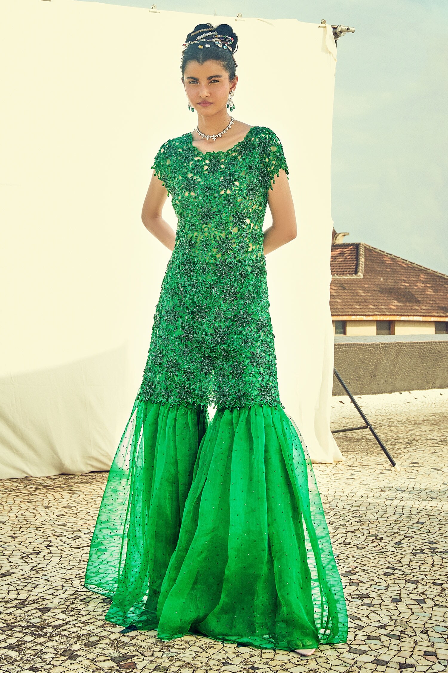 Buy Surily G Green Organza Hand Embroidered Sharara Online | Aza Fashions