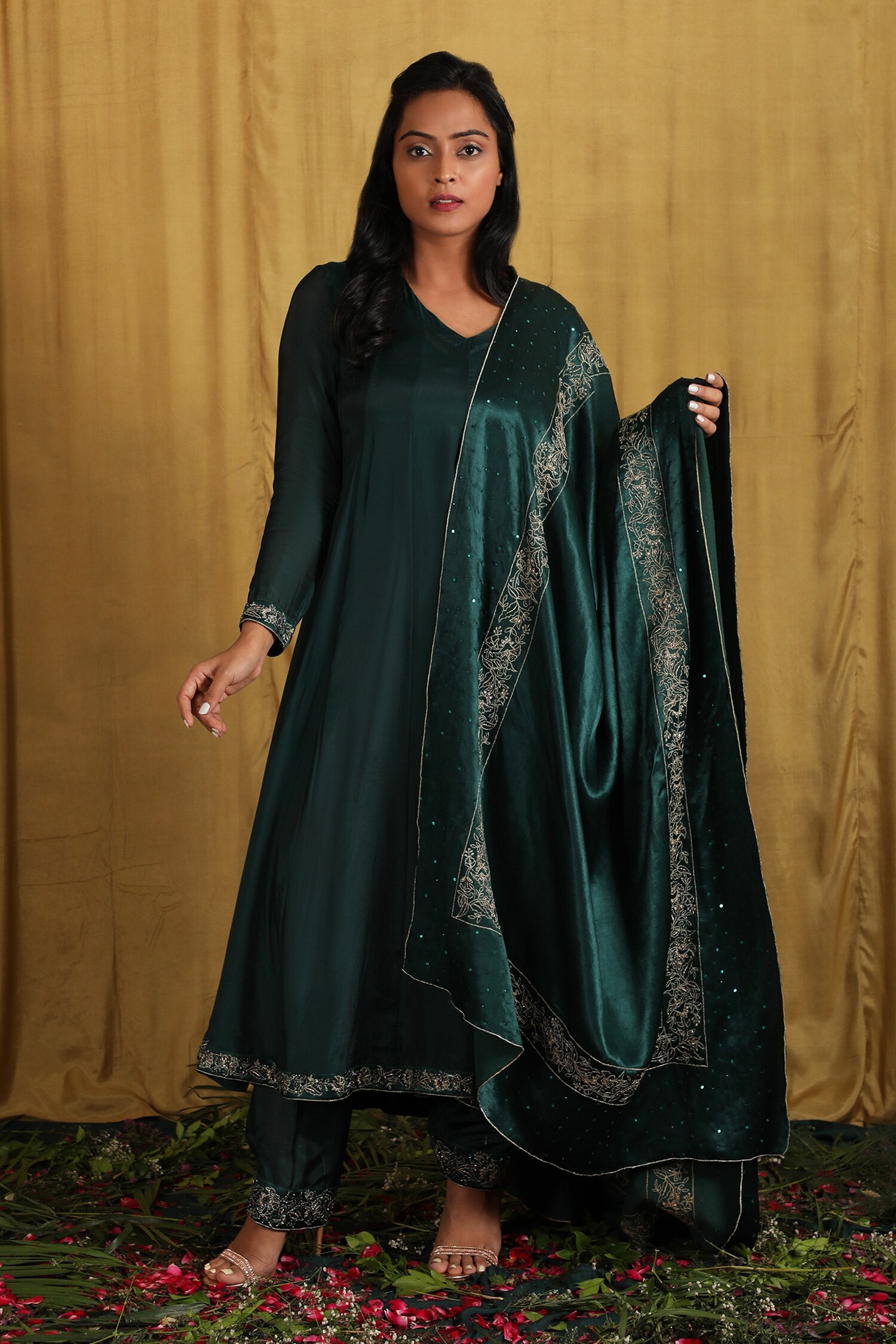 Buy The Aarya Green Mashru Silk Placement Zari Flower Embroidered ...