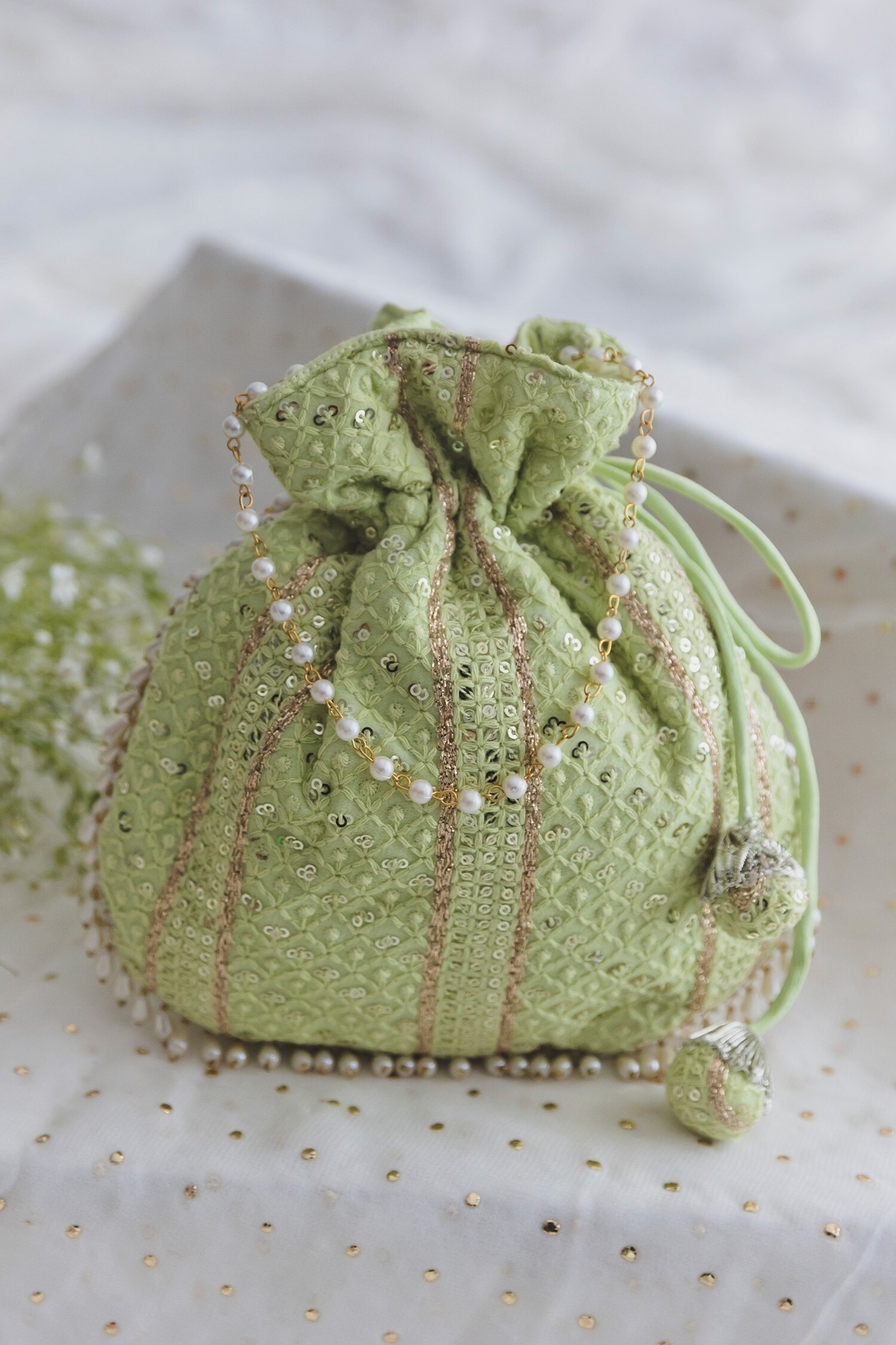 Buy Chotibuti Green Embroidered Jaal Pattern Potli For Girls Online ...