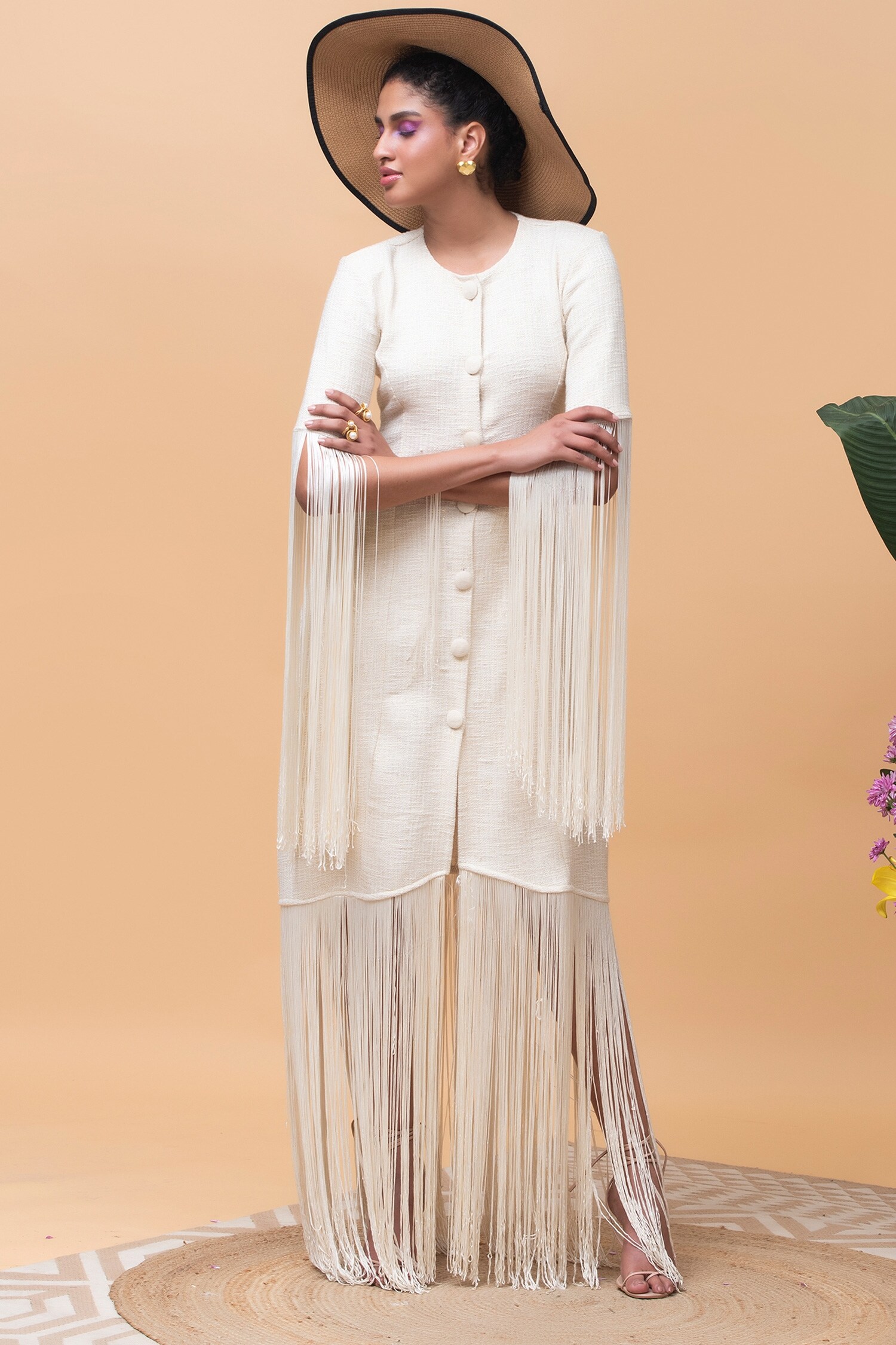 Buy Rishi & Vibhuti Ivory Thick Jute Vivid Fringe Trim Jacket Dress ...