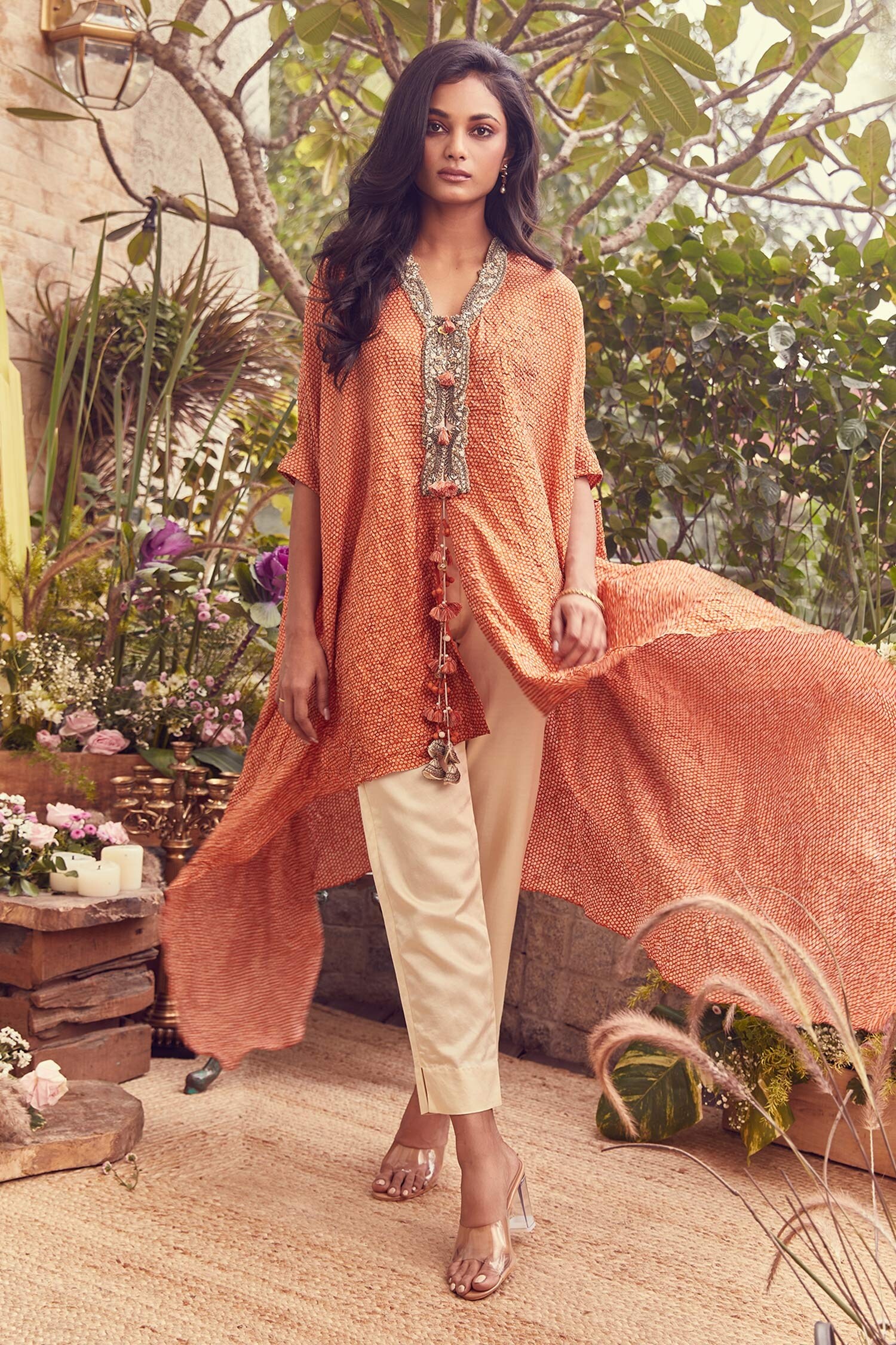 Buy Prisho Orange Crushed Bandhej Pattern Kaftan Tunic And Straight ...