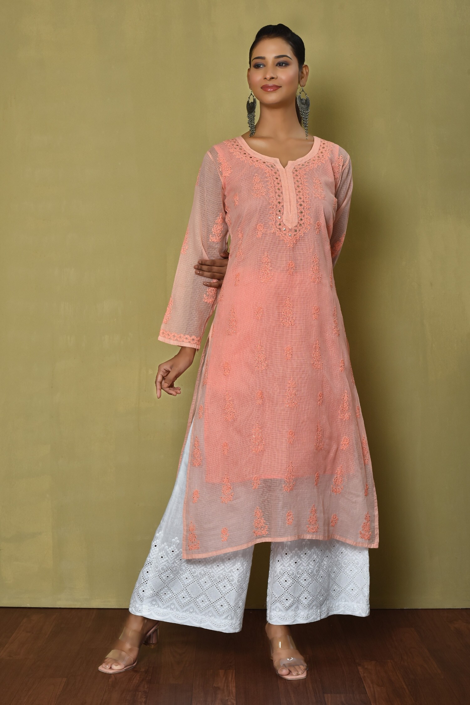 Buy Naintara Bajaj Pink Kota Cotton Chikankari Tonal Embroidered Kurta ...