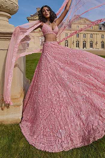Buy Seema Gujral Pink Net Sequin And Bead Embroidered Lehenga Set ...