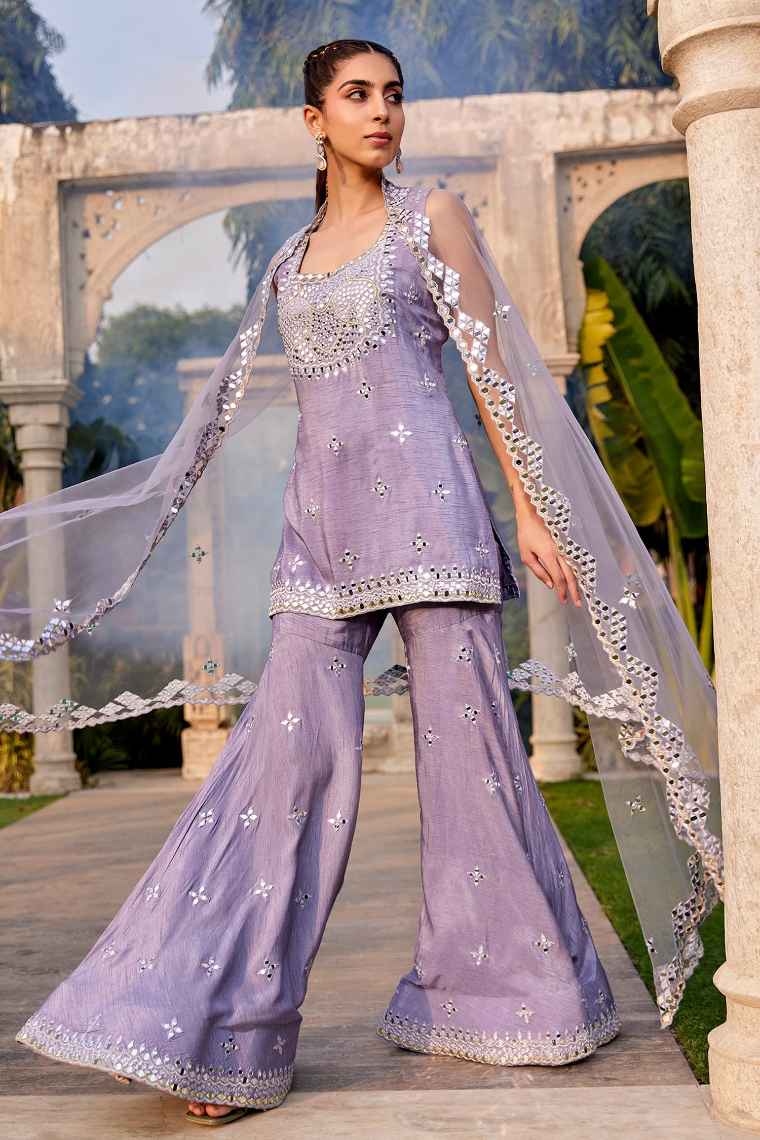 Buy Mehak Murpana Purple Dupion Crepe Sleeveless Mirror Embroidered ...