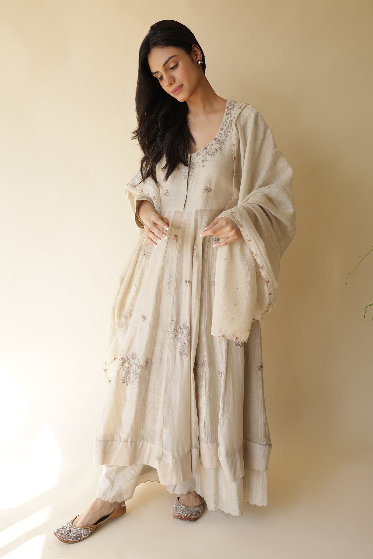 Buy Rhua India Beige Afra Flower Embroidered Anarkali Set Online | Aza ...