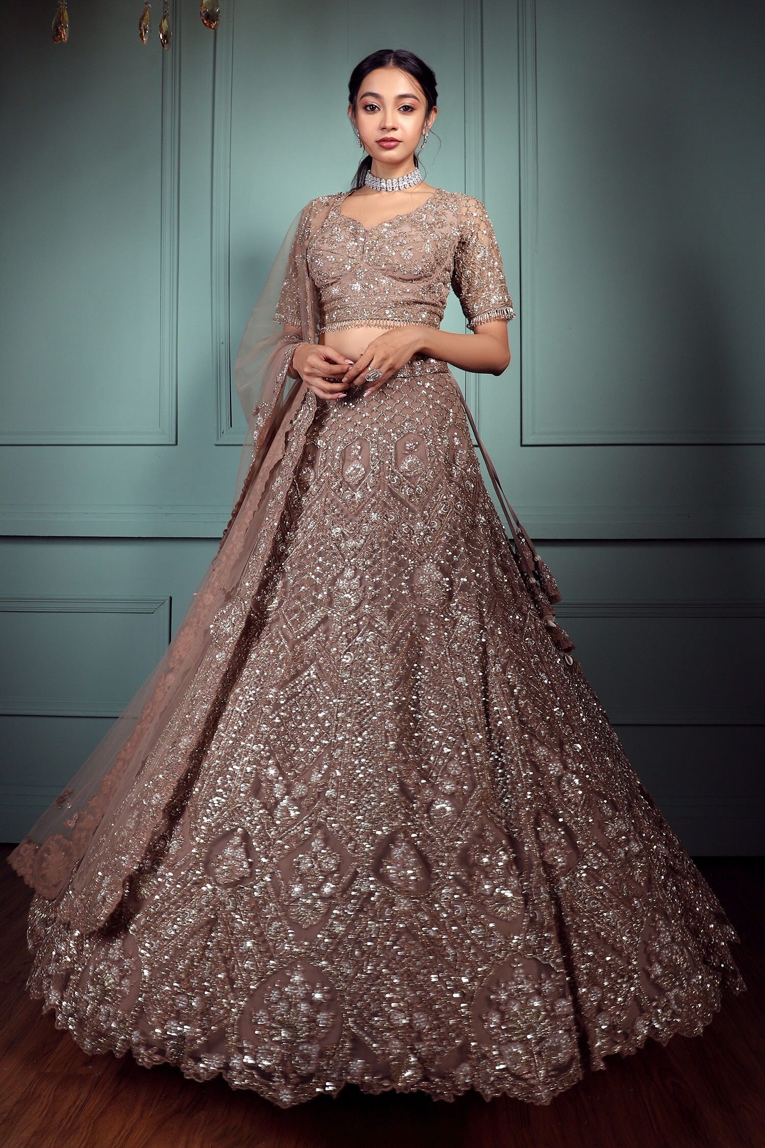 Buy Pallavi Poddar Brown Tulle Purab Paschim Embellished Lehenga Set ...