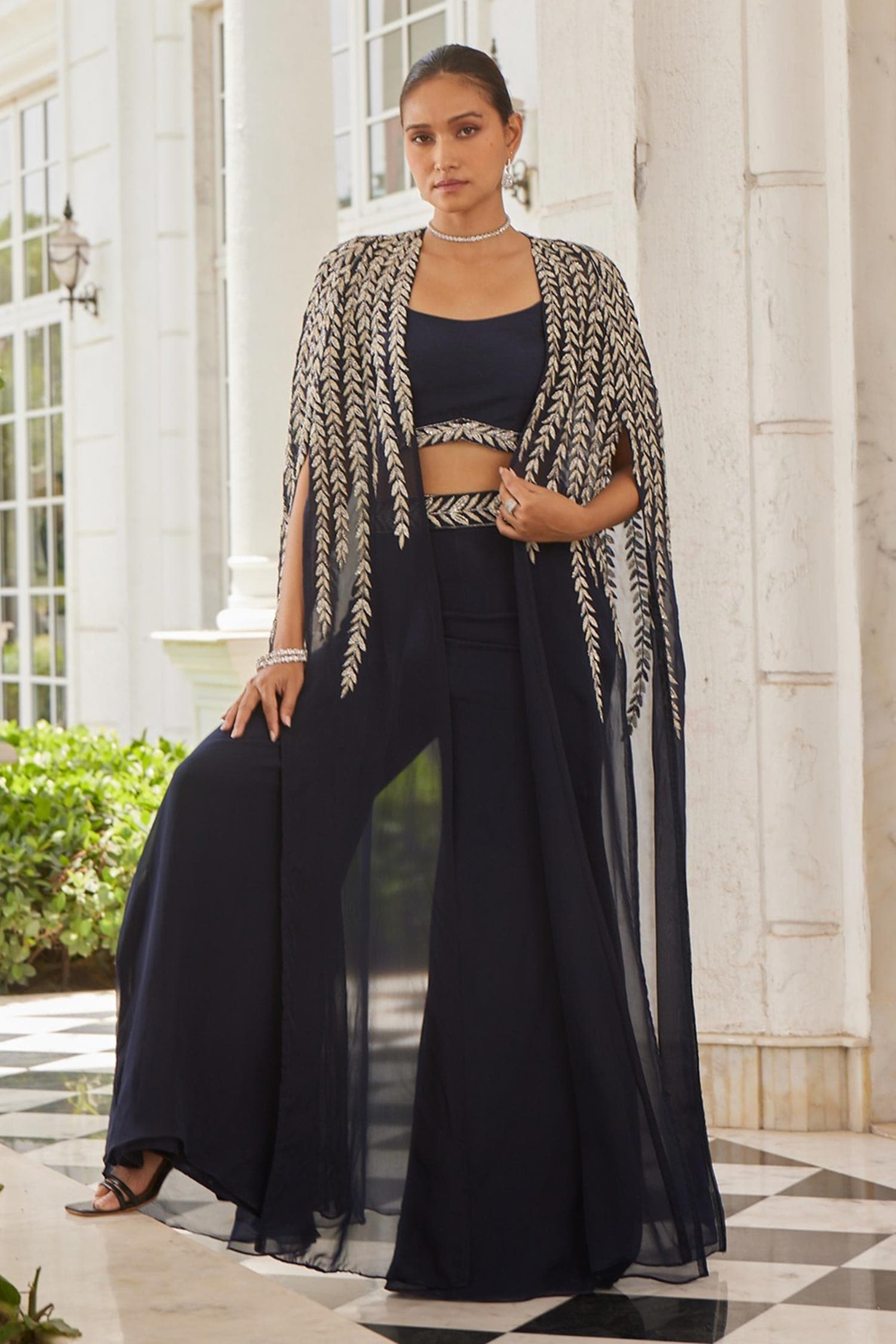 Buy Charu and Vasundhara Blue Bustier Sumlina Leaf Pattern Cape And ...