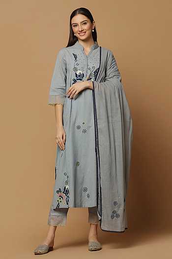 Buy Ikha Couture Grey Floral Resham Work A-line Kurta Set Online | Aza ...