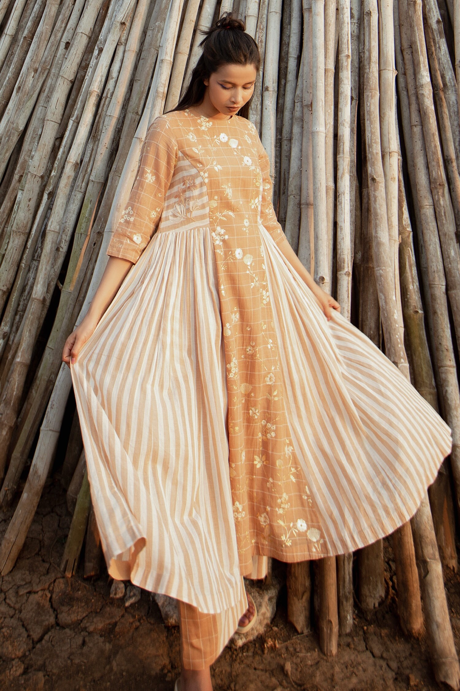 Buy Label Earthen Beige Handwoven Panelled Anarkali Set Online | Aza ...