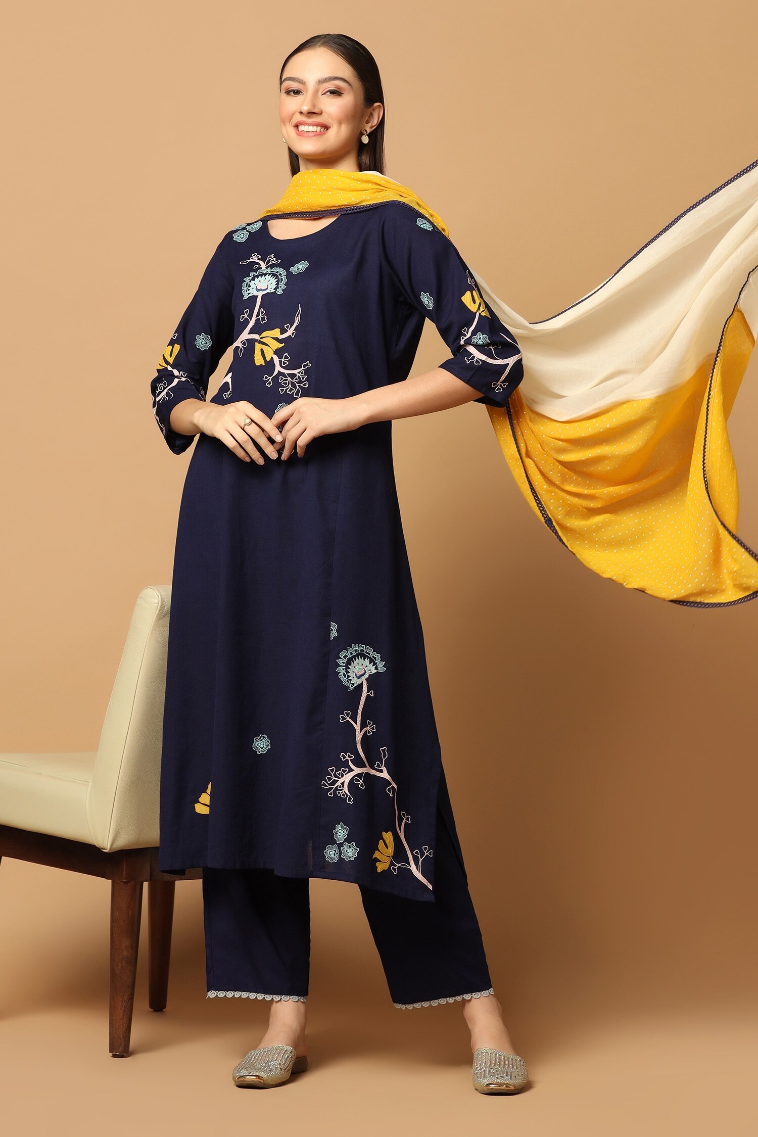 Buy Ikha Couture Blue Kurta Set With Contrast Dual Color Dupatta Online ...