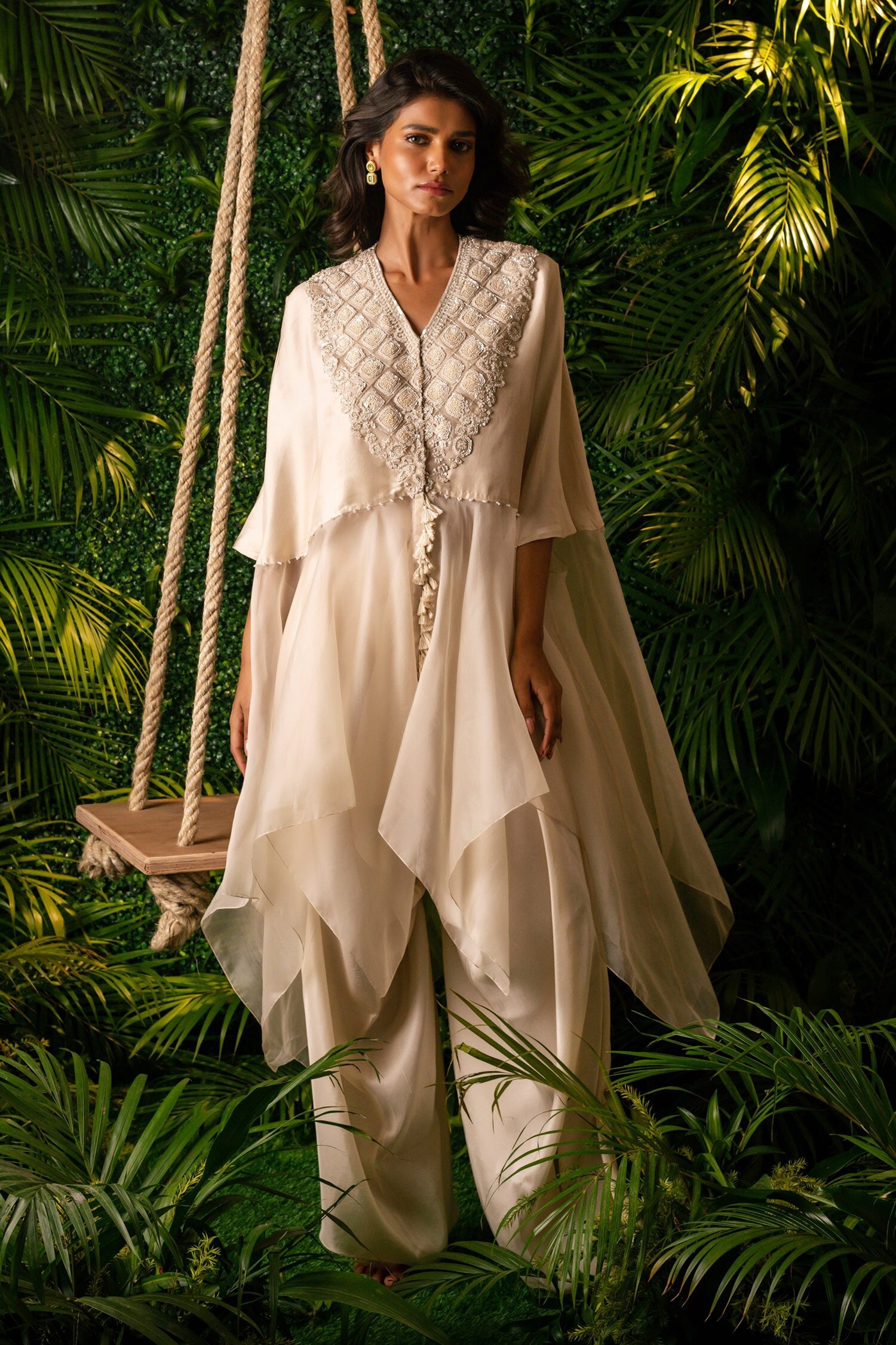 Buy Pallavi Poddar Ivory Dupion Bodice Embroidered Tunic And Pant Set ...