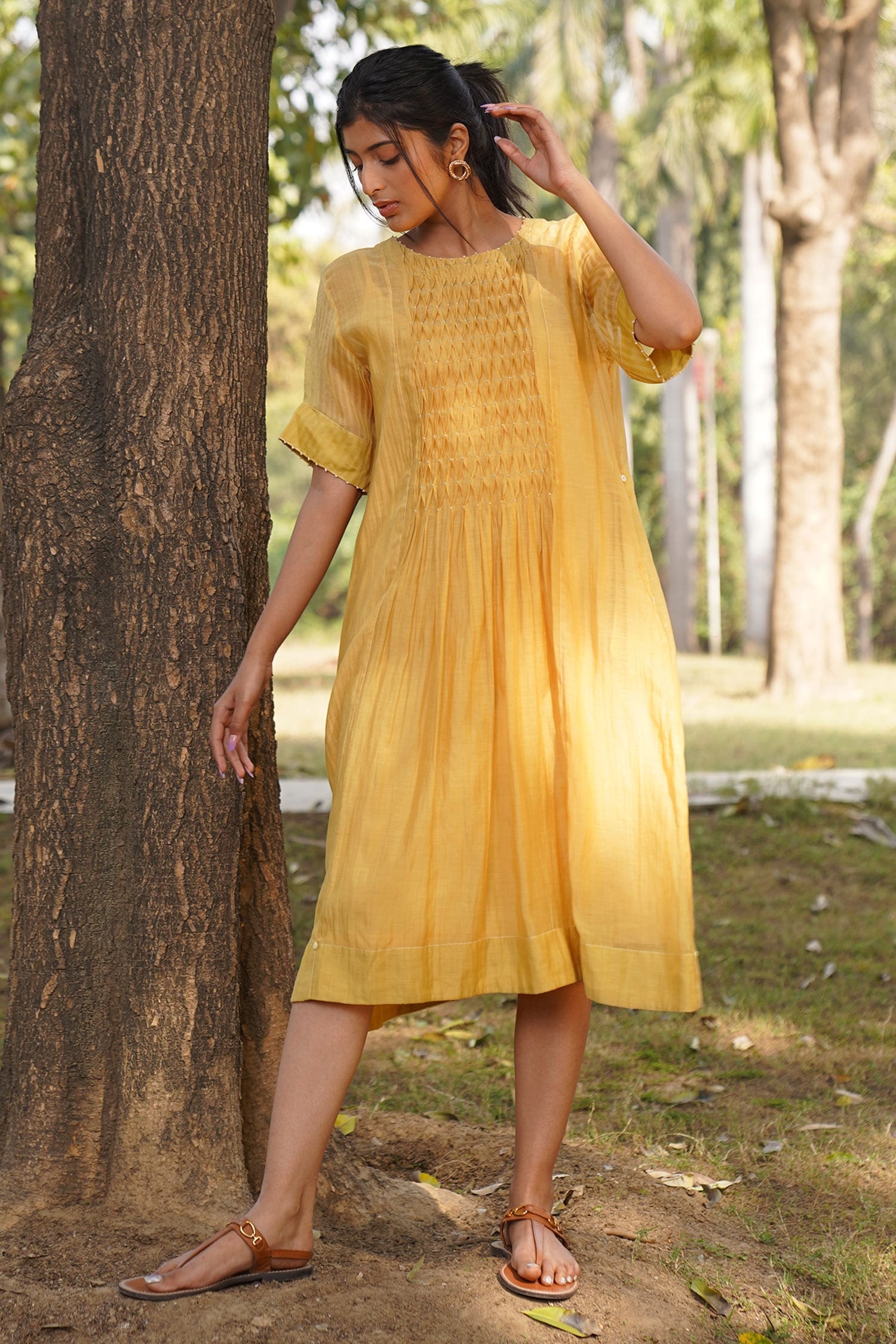 Buy Dhaari Yellow Hand Smocked Dress Online | Aza Fashions