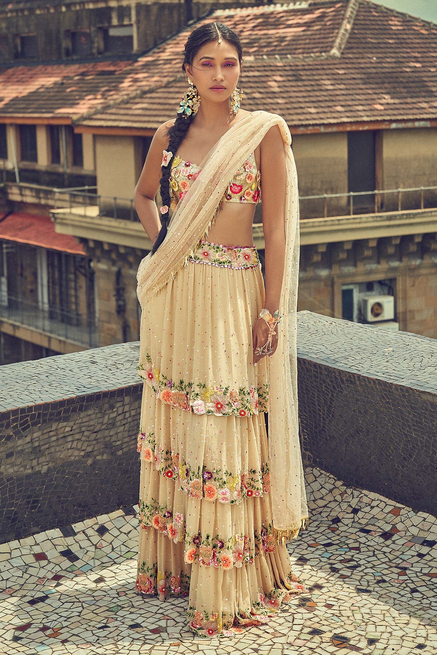 Buy Surily G Beige Net 3d Flower Embroidered Crop Top Online | Aza Fashions