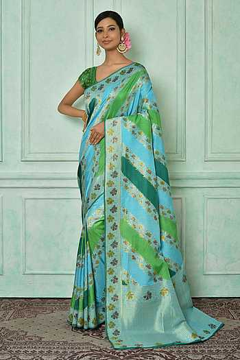 Buy Samyukta Singhania Blue Viscose Dola Colorblock Floral Woven Saree ...