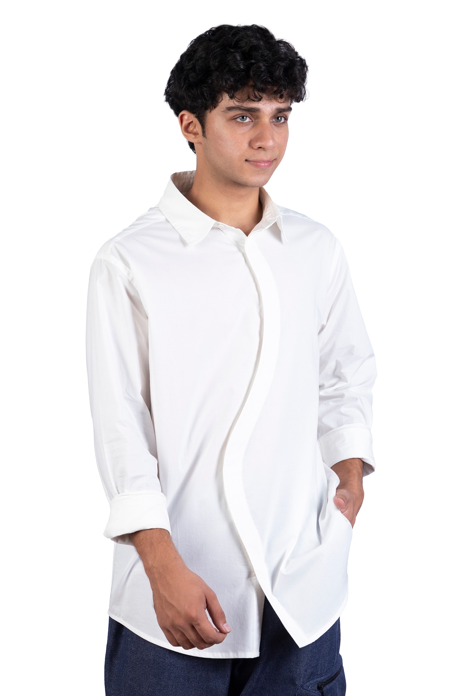 Buy Theorem White Cotton Meander Curved Placket Shirt Online | Aza Fashions