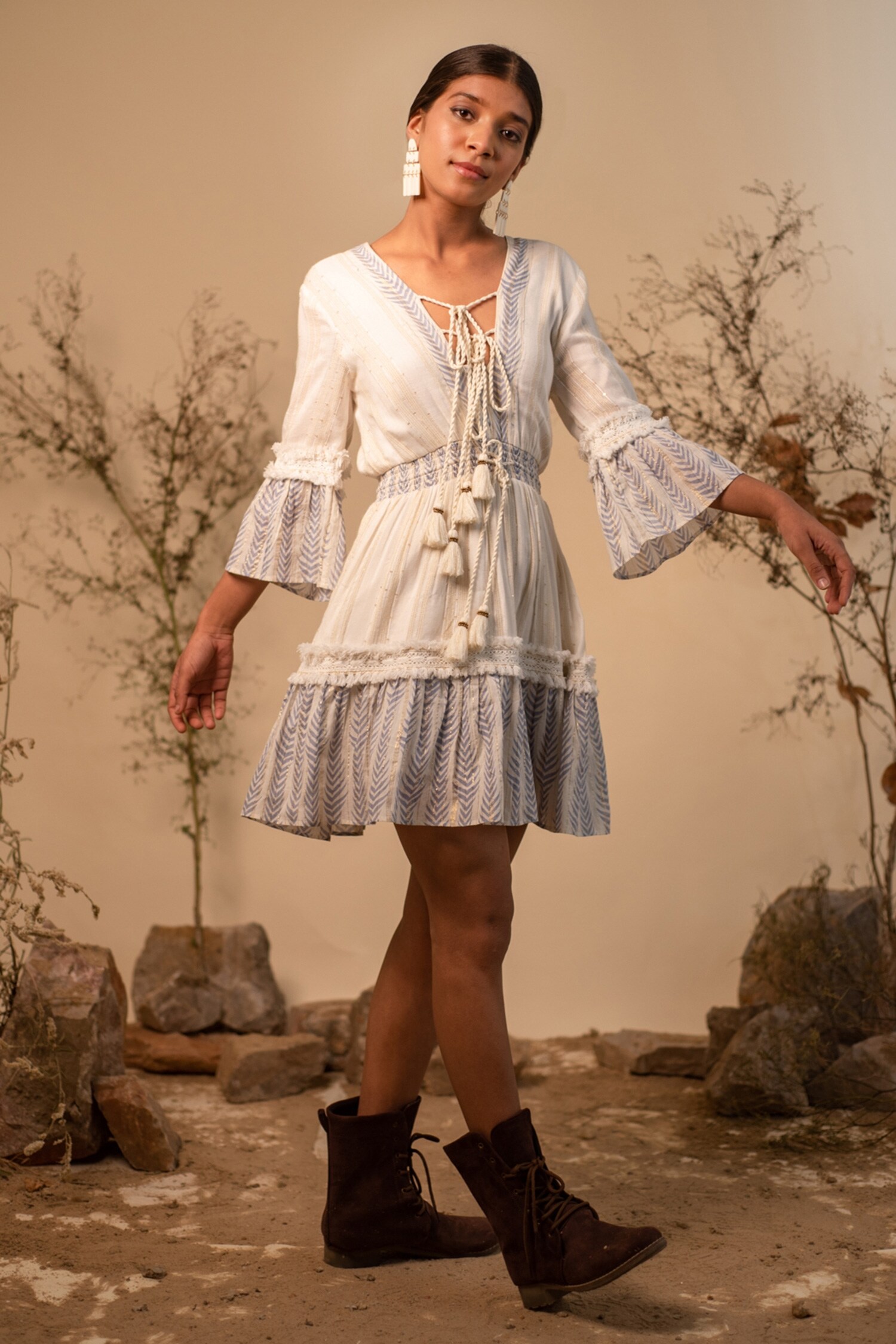 Buy Label Reyya White Cotton Chevron Print And Embellished Dress Online ...