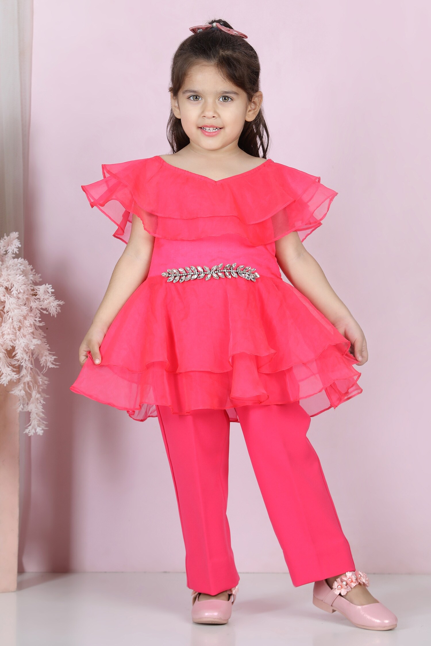 Buy The Little Celebs Pink Ruffle Layered Top And Pant Set For Girls ...