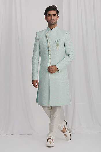 Buy Samyukta Singhania Green Silk Brocade Sherwani And Pant Set Online ...