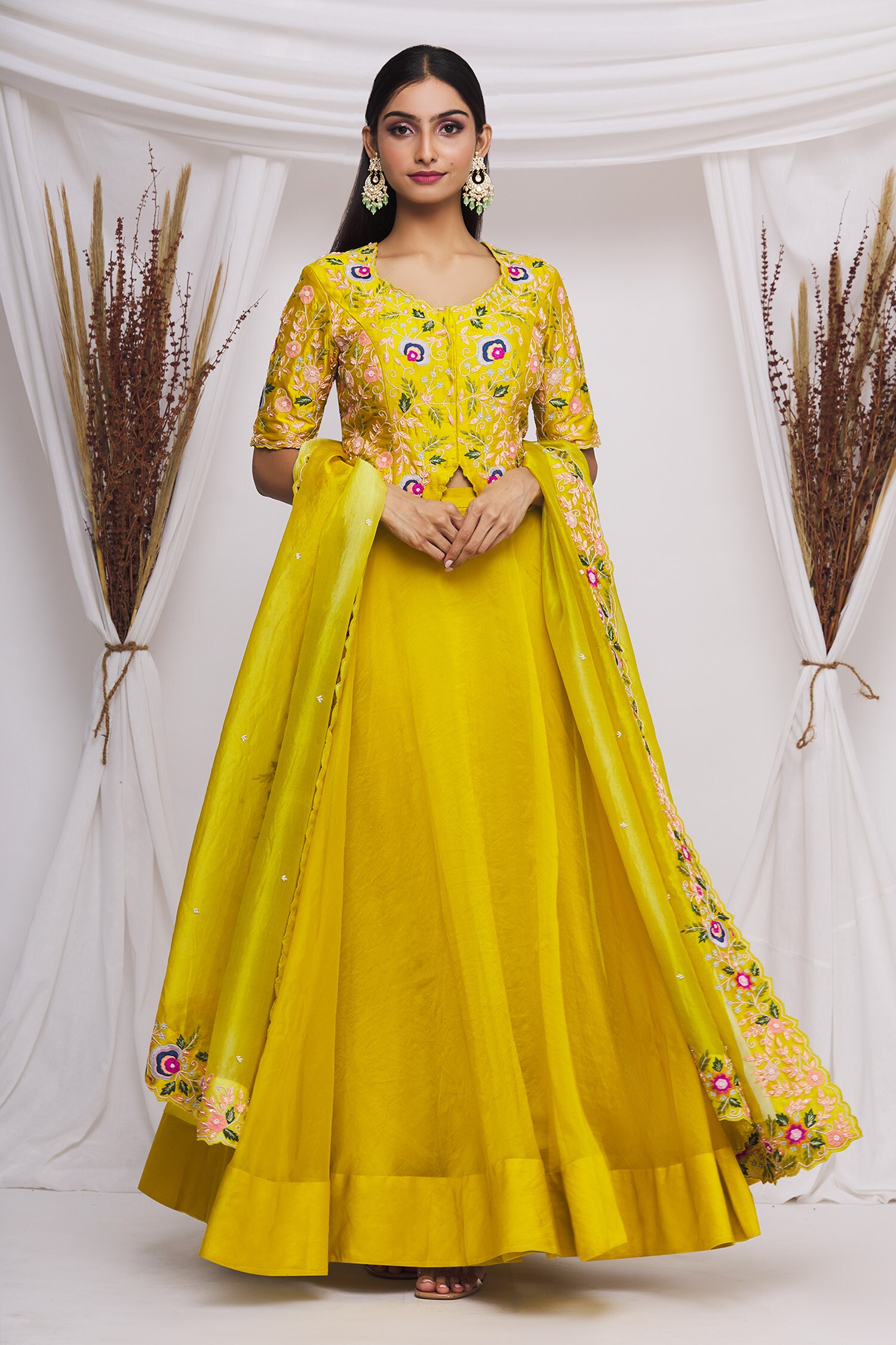 Buy Surbhi Shah Yellow Organza Embroidered Blouse With Lehenga Set