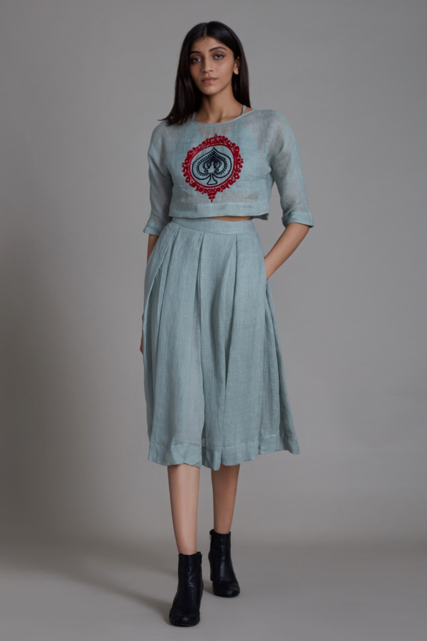 Buy Mati Blue Linen Crop Top And Skirt Set Online | Aza Fashions