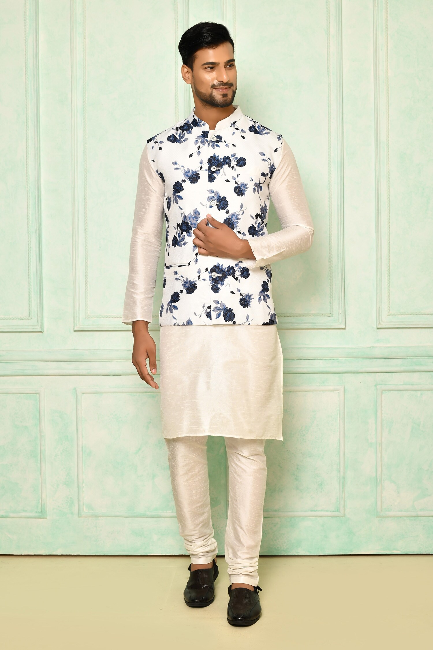 Buy Arihant Rai Sinha White Floral Pattern Bundi And Kurta Set Online ...