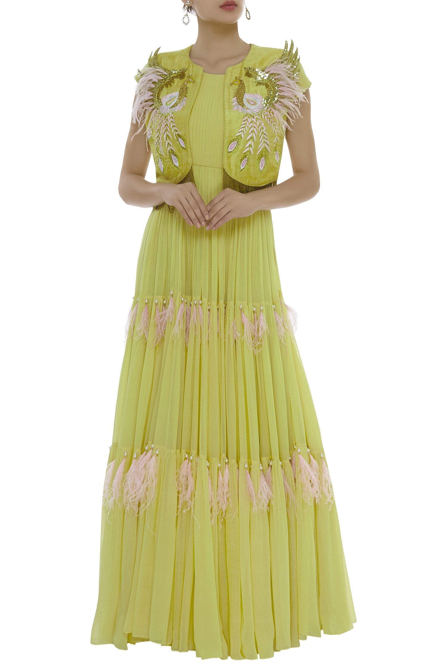 Buy Ayesha Aejaz Yellow Tiered Gown With Jacket Online | Aza Fashions