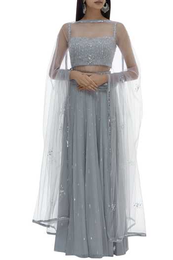 Buy Pooja Peshoria Grey Georgette Embellished Lehenga Set Online | Aza ...