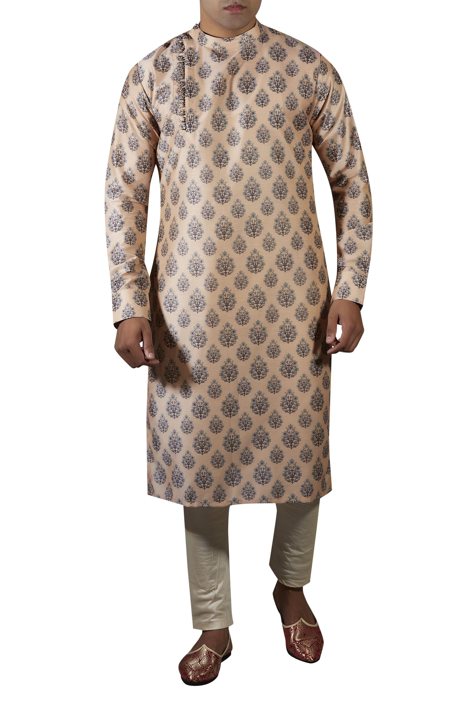 Buy Gaurav Katta Beige Satin Silk Block Print Kurta Online | Aza Fashions