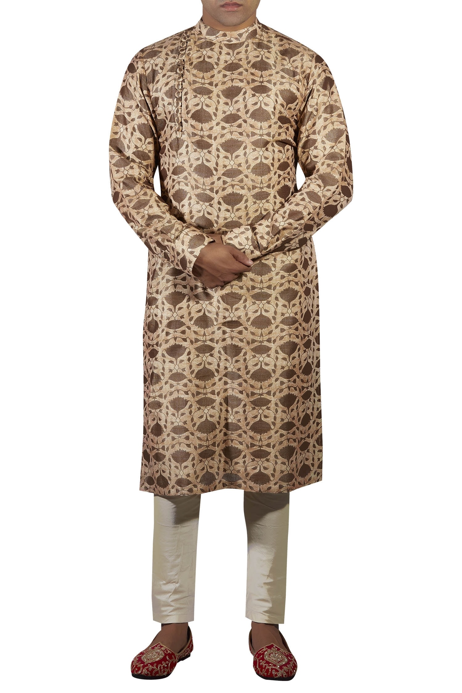 Buy Gaurav Katta Beige Silk Block Print Kurta Online | Aza Fashions