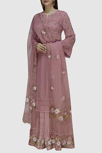 Buy Poonam Dubey Pink Organza Chikankari Kurta Lehenga Set Online | Aza ...