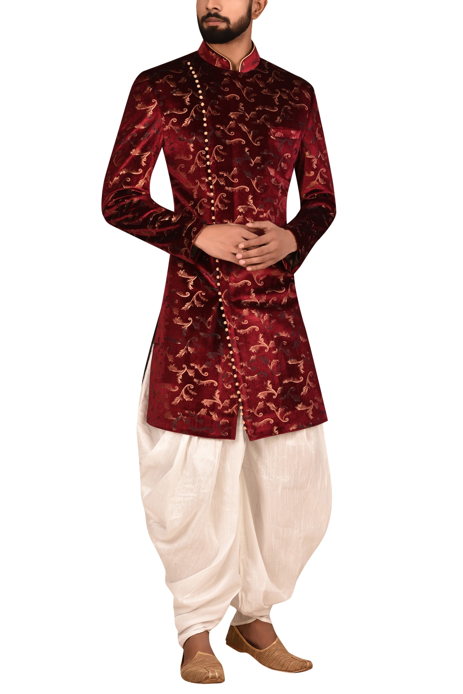 Buy Arihant Rai Sinha Maroon Velvet Printed Sherwani Set Online | Aza ...