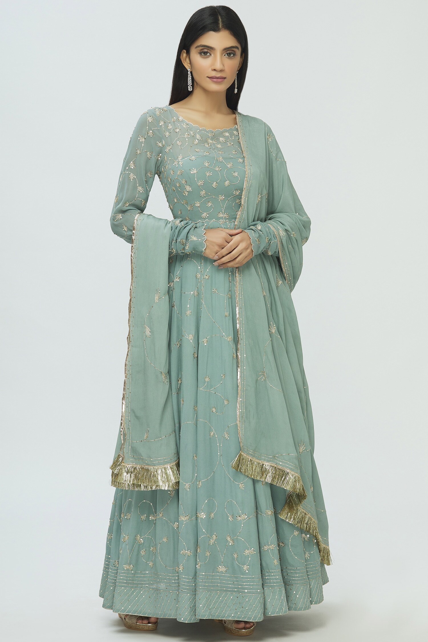 Buy Pleats by Kaksha and Dimple Blue Kasturi Crepe Embroidered Anarkali ...