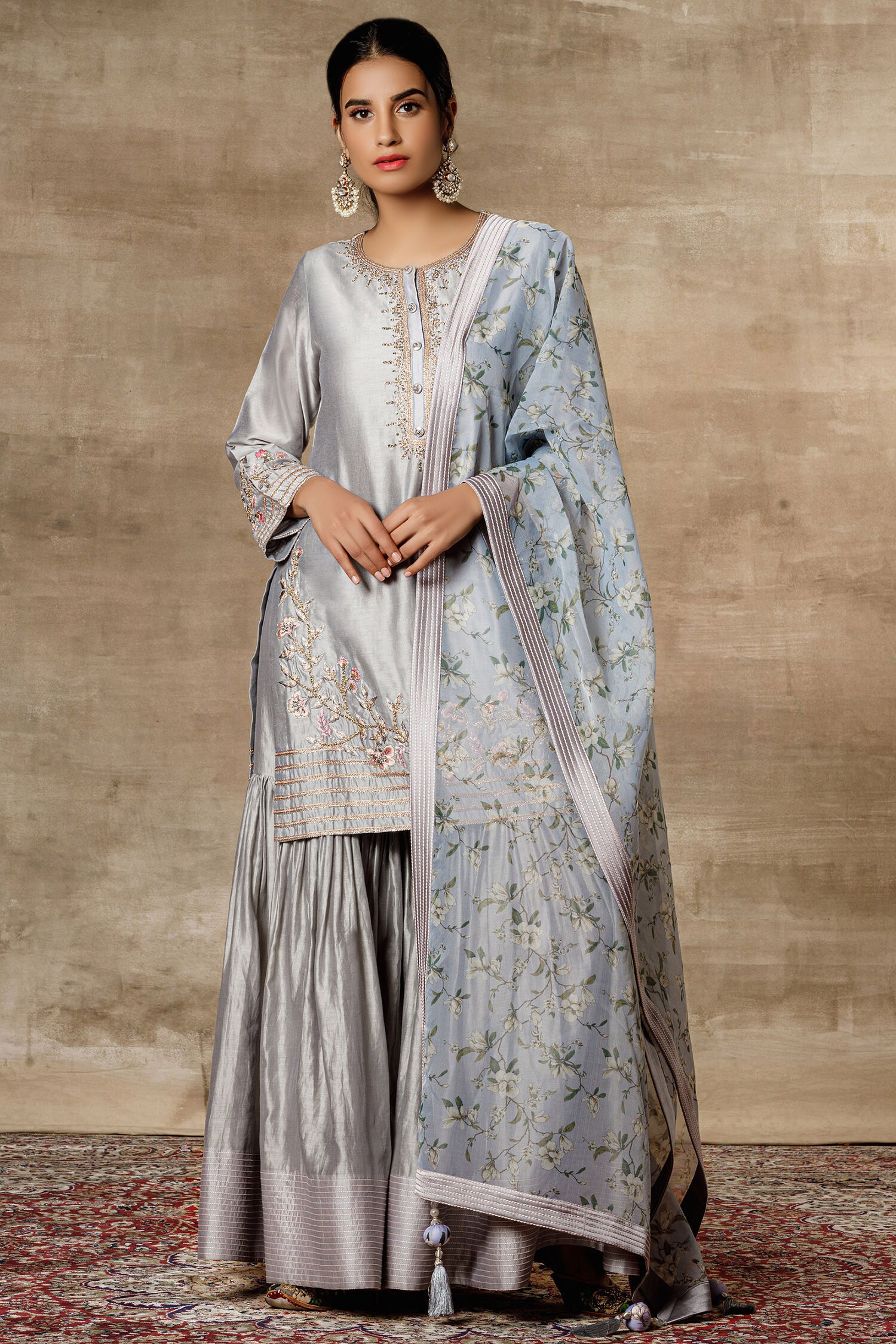 Buy Ajiesh Oberoi Grey Chanderi Embroidered Kurta Sharara Set Online ...