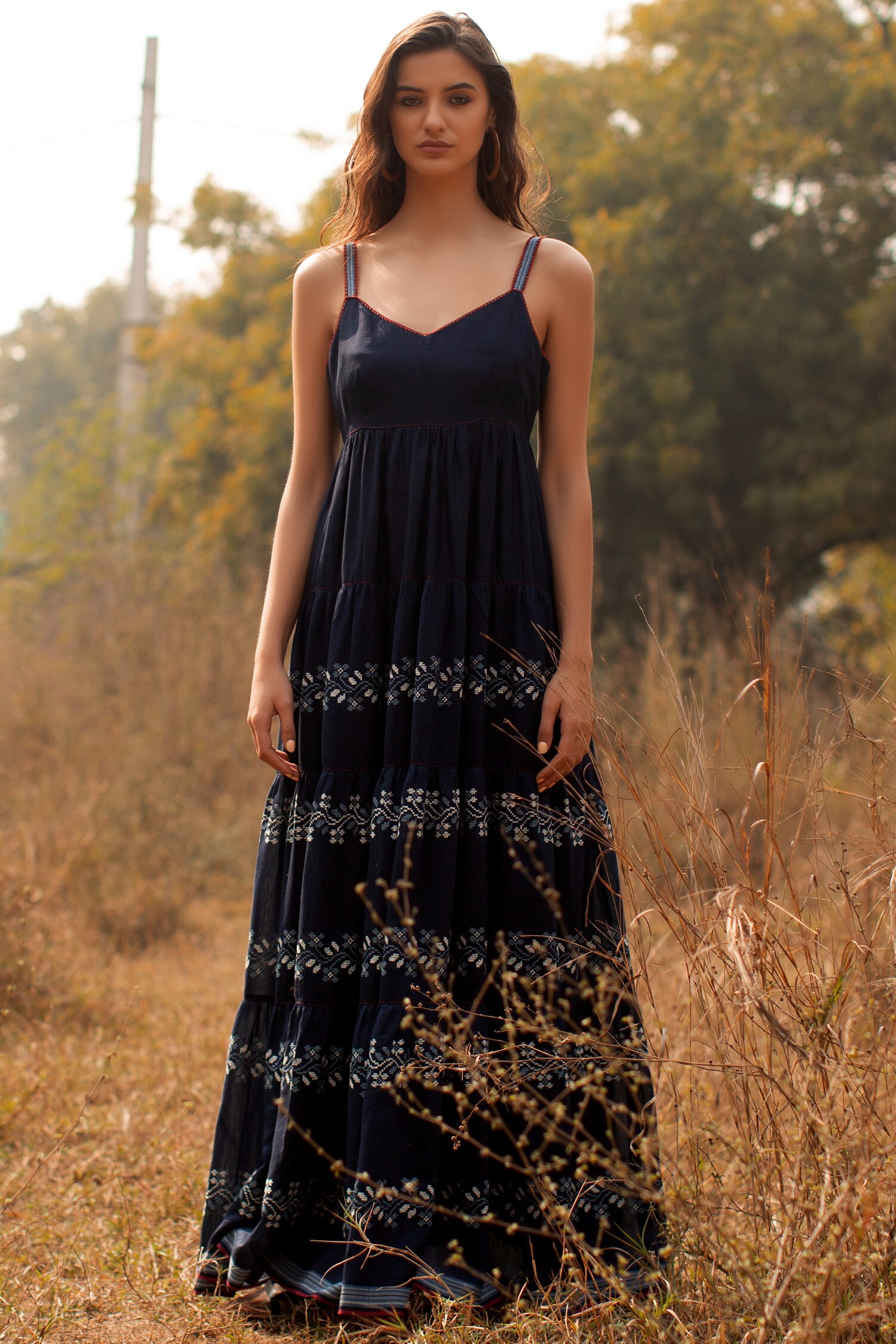 Buy Payal Pratap Blue Cotton Silk Embroidered Tiered Dress Online | Aza ...