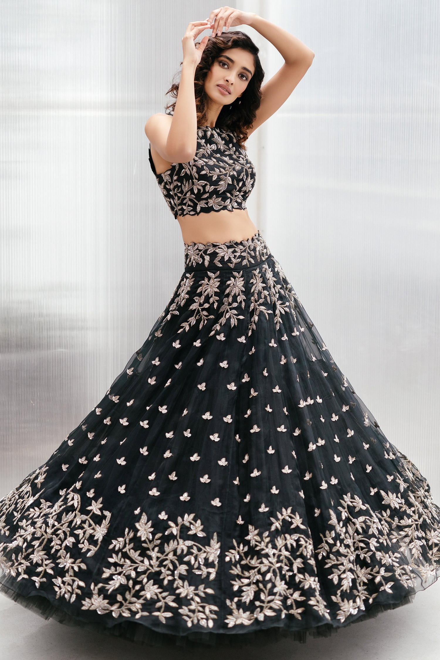 Buy Mrunalini Rao Black Raw Silk Hand Embroidered Lehenga Set Online ...