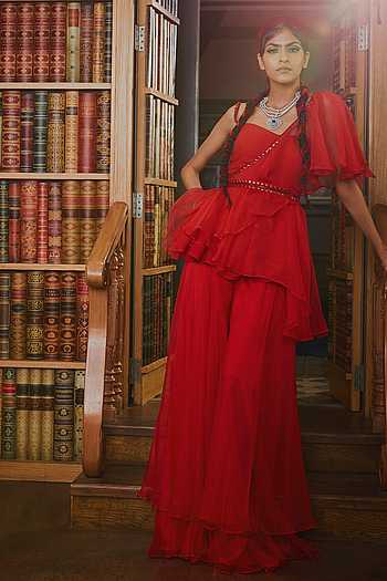 Buy Sanya Gulati Red Organza Ruffle Kurta And Palazzo Set Online Aza Fashions
