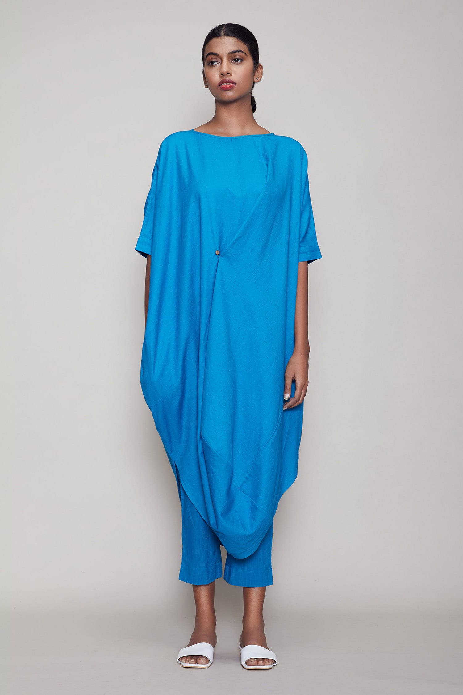 Buy Mati Blue Asymmetric Cowl Cotton Tunic Online | Aza Fashions