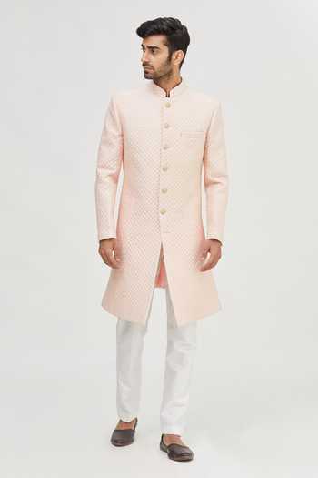 Buy Arihant Rai Sinha Peach Silk Quilted Sherwani Set Online | Aza Fashions