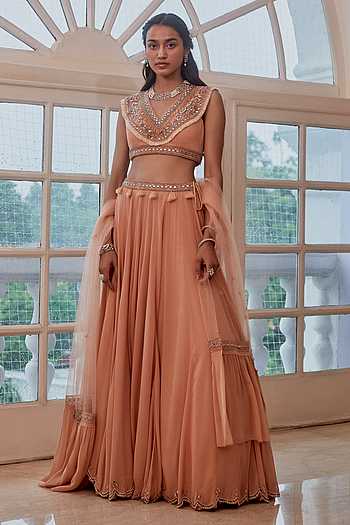 Buy Sanya Gulati Peach Embroidered Blouse And Lehenga Set Online Aza Fashions