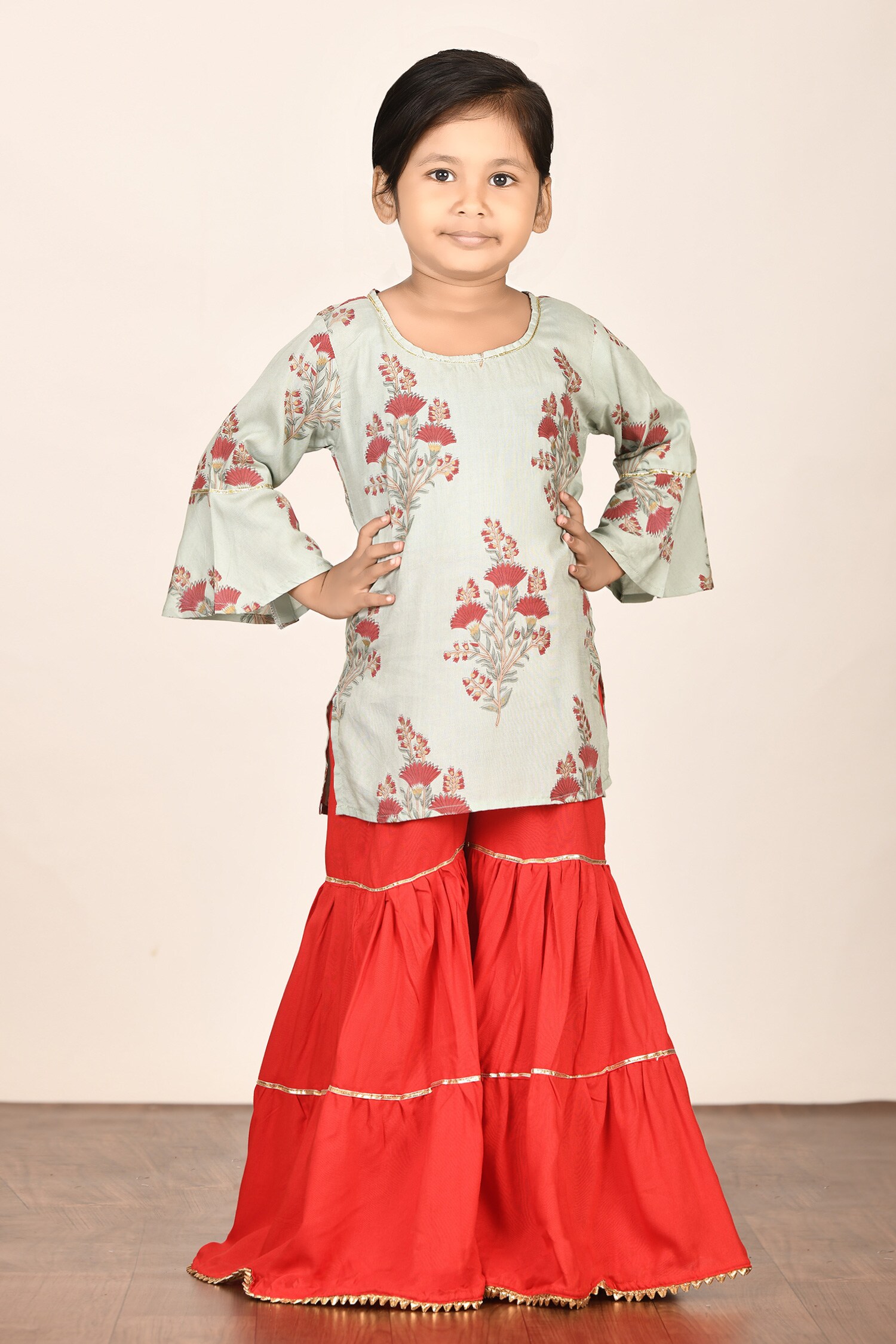Buy Banana Bee Grey Printed Kurta And Sharara Set For Girls Online ...