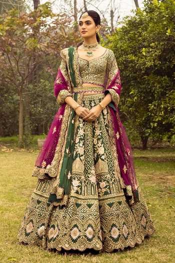 Buy Angad Singh Green Raw Silk Floral Embroidered Lehenga Set Online ...