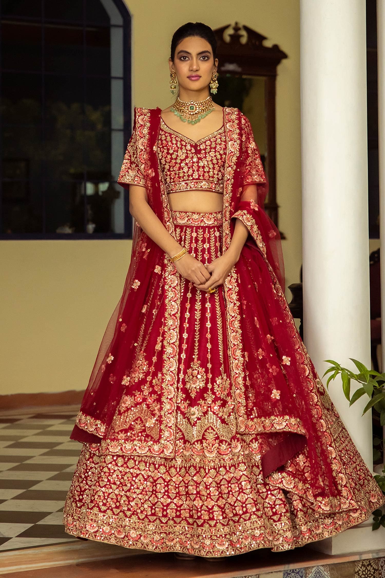 Buy Angad Singh Maroon Raw Silk Floral Embroidered Lehenga Set Online ...