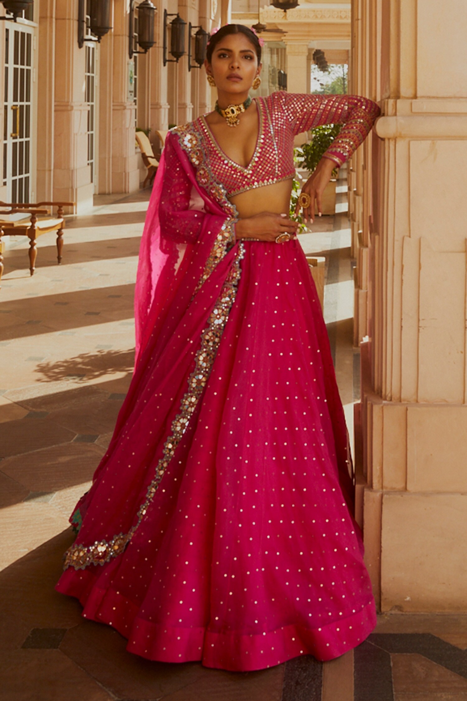 Buy Vvani by Vani Vats Pink Lehenga Set With Mirror Embroidered Dupatta ...