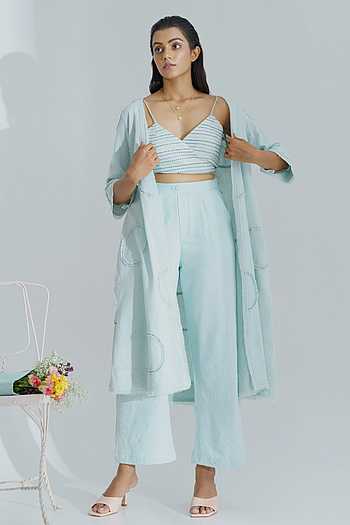 Buy The Right Cut Blue Handloom Cotton Pant Set With Jacket Online ...