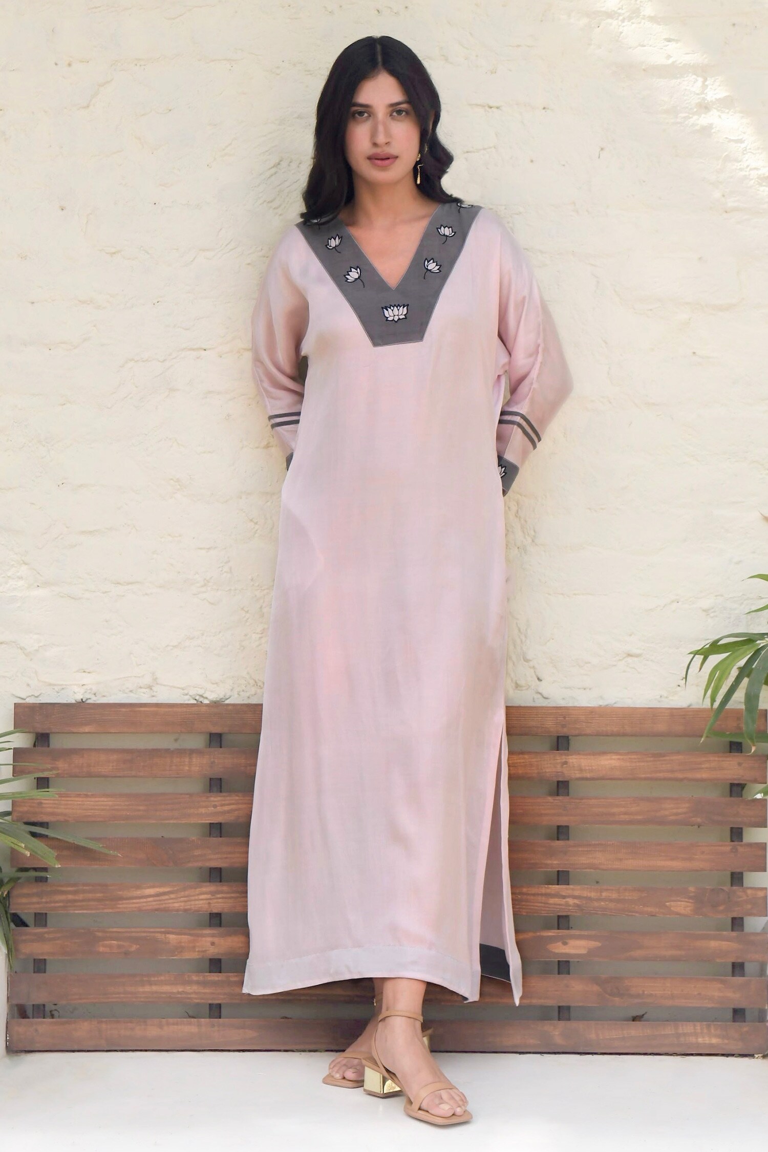Buy Taro Grey Modal Silk V Neck Kaftan Online | Aza Fashions