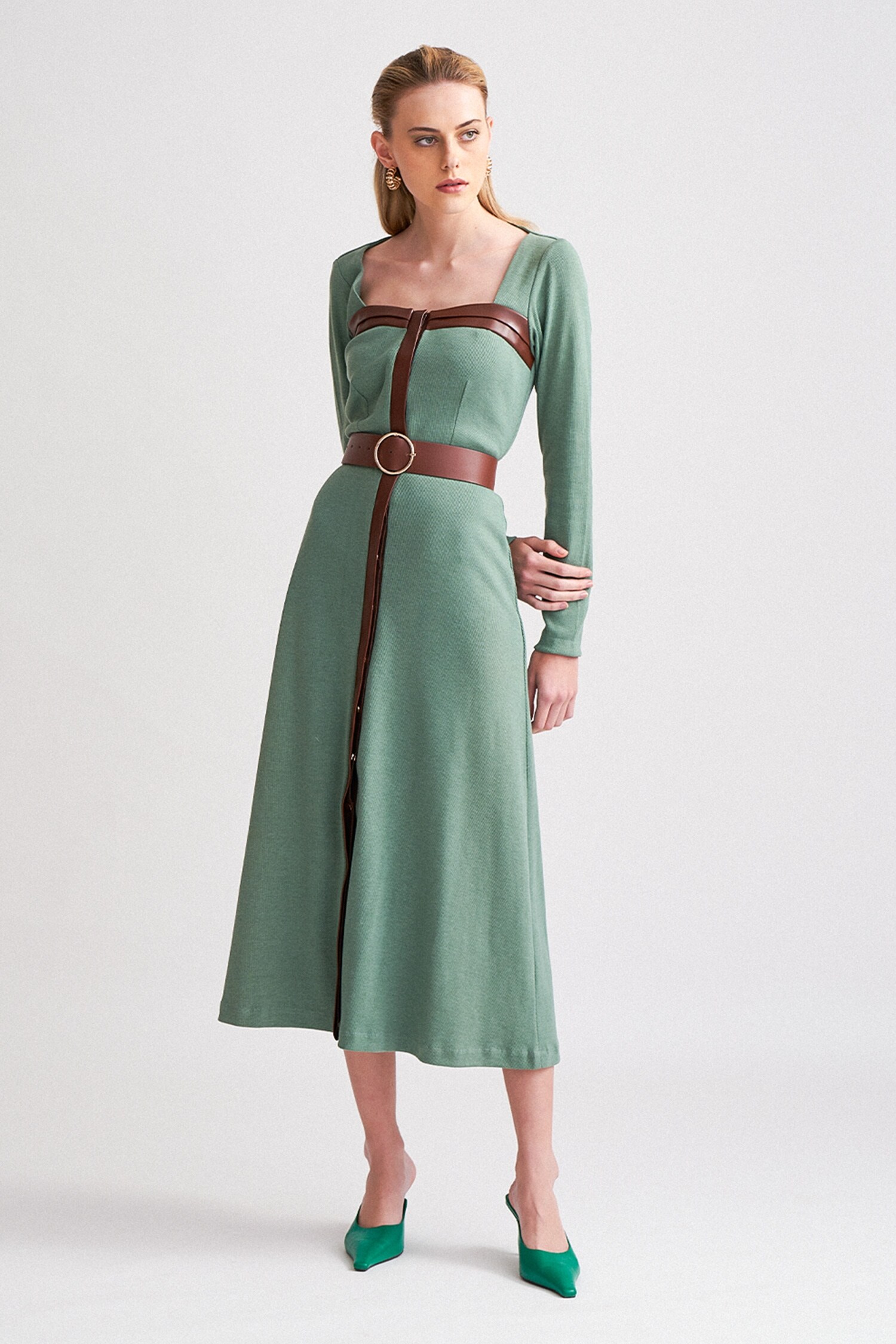 Buy Notebook Green Ribbed Cotton Vionnete Leather Placket Dress Online ...