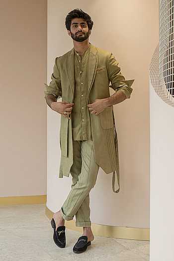Buy Jatin Malik Green Cotton Linen Jacket And Pant Set Online | Aza ...