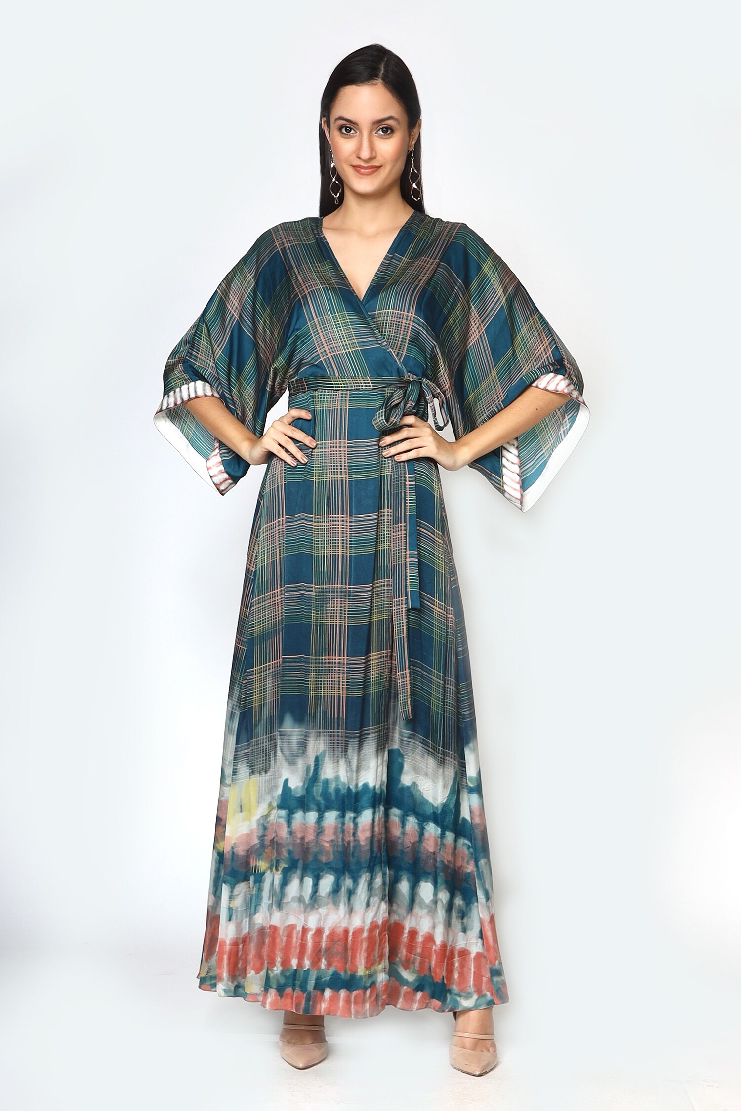 Buy Geisha Designs Blue Viscose Checkered Wrap Dress Online | Aza Fashions