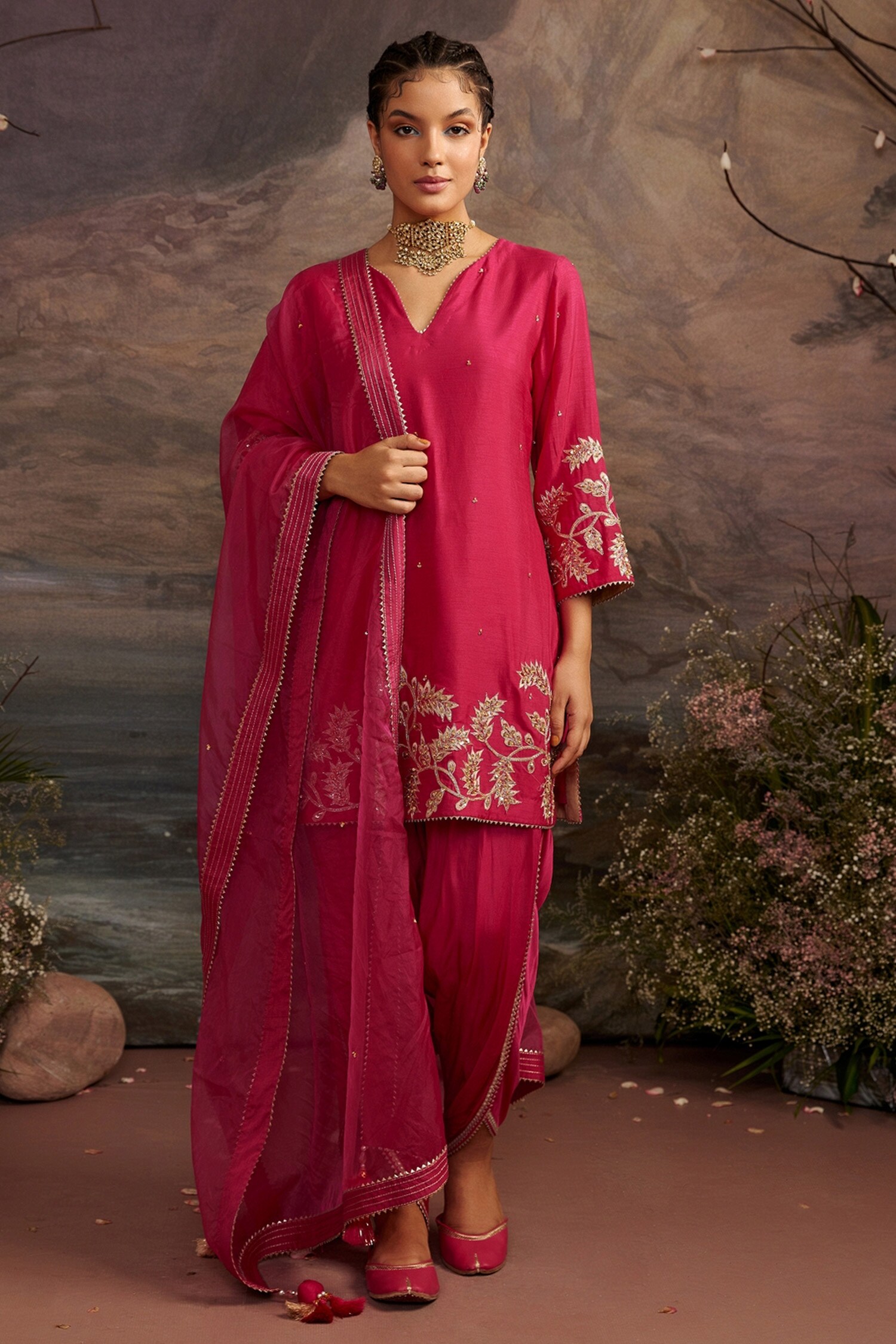 Buy Ajiesh Oberoi Pink Dupion Silk Palak Short Kurta Dhoti Pant Set ...
